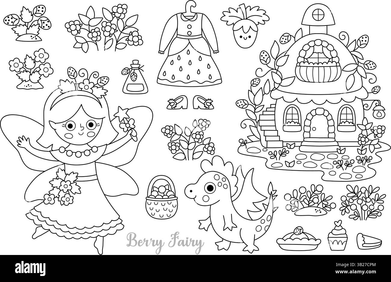 Vector black and white berry fairy clipart set. Cute girl line icons ...