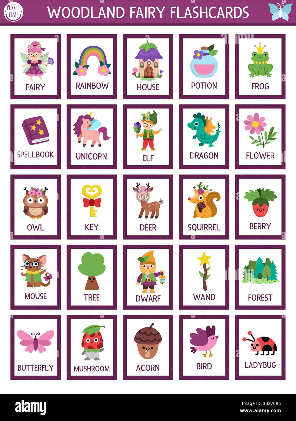 Vector fairyland flash cards set with fairy, rainbow, house, dwarf, elf ...