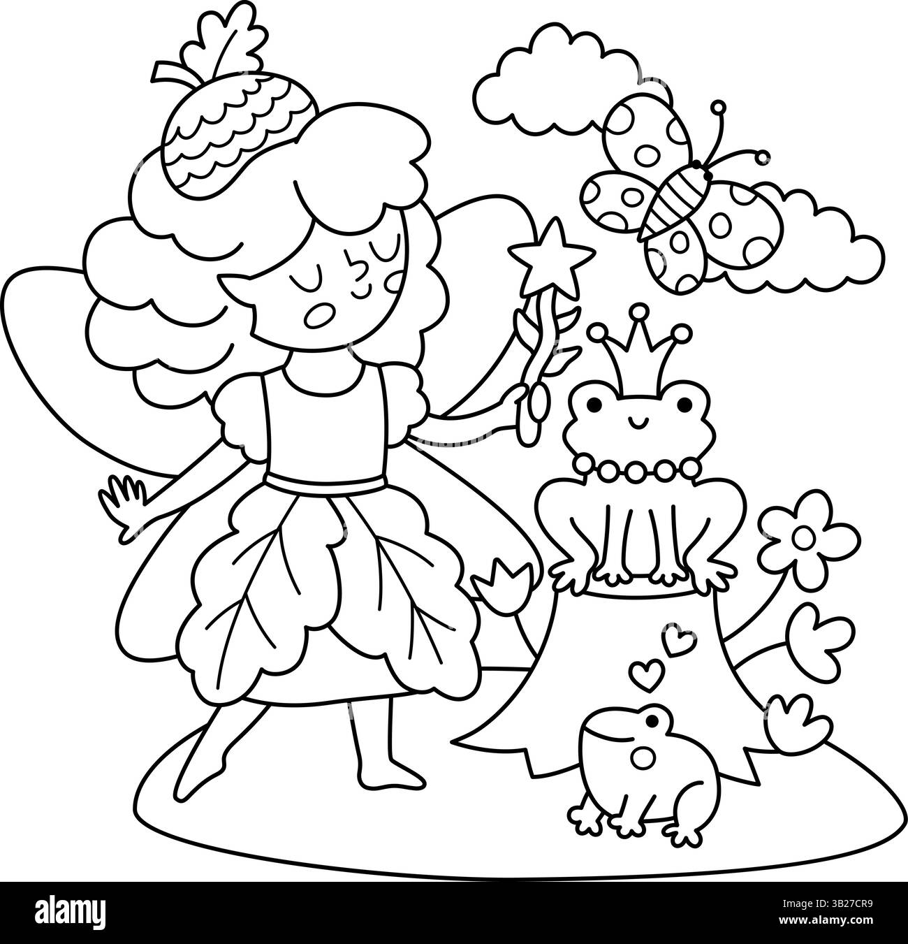 Vector black and white scene with acorn fairy, frog prince, butterfly ...