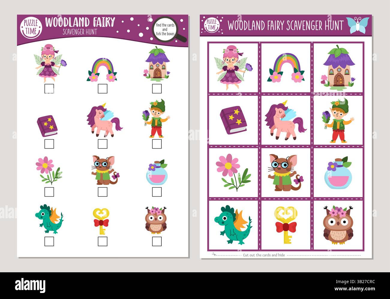 Vector fairyland scavenger hunt cards set. Seek and find game with cute ...