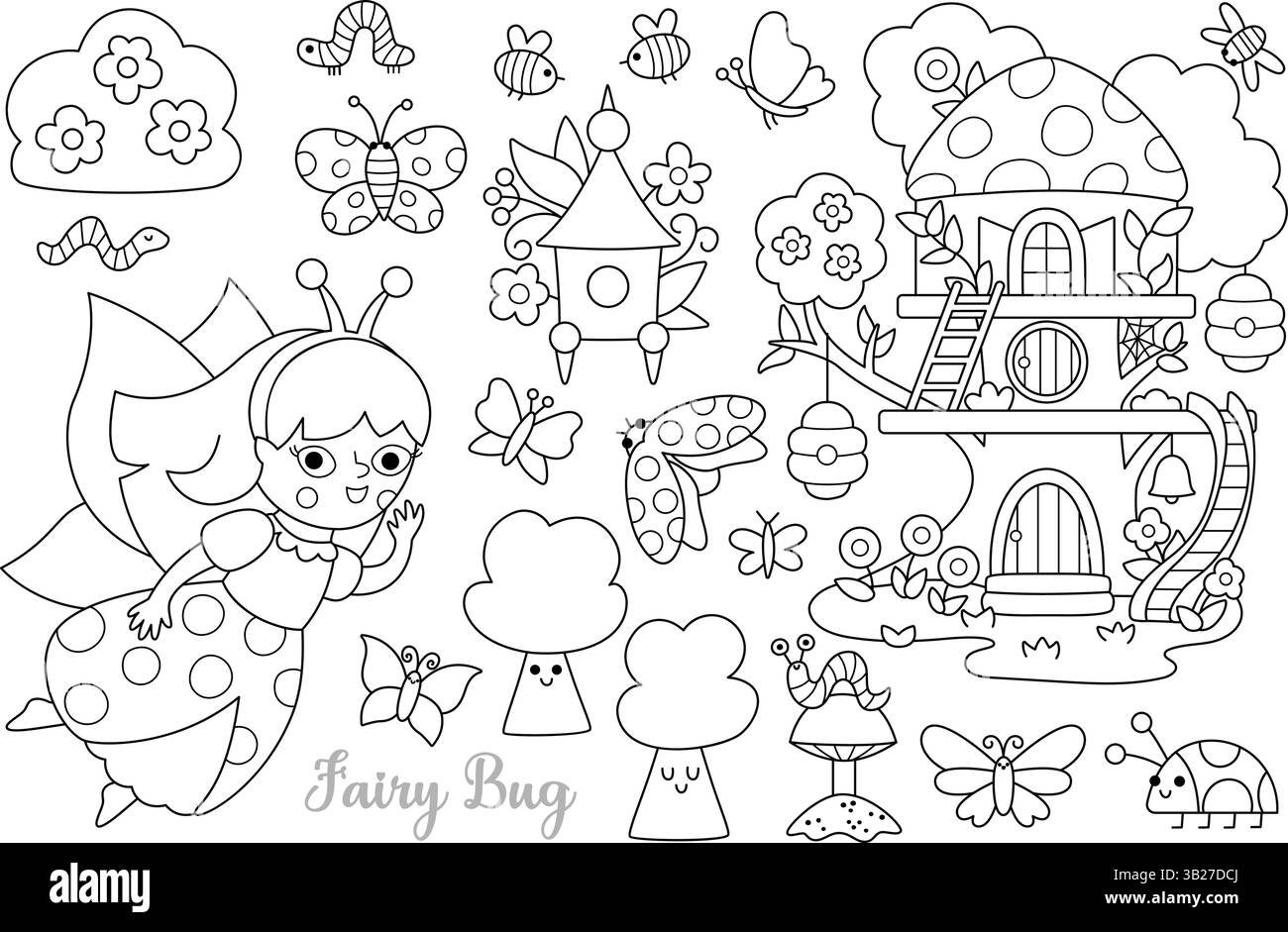 Vector black and white fairy bug clipart set. Cute girl line icon ...