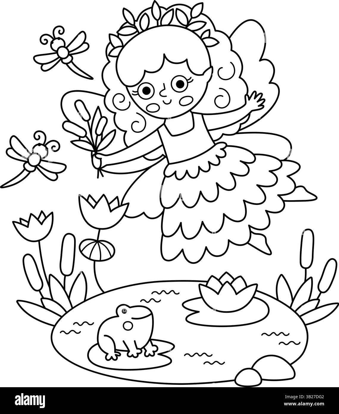 Vector black and white scene with swamp fairy, reed, pond, dragonfly ...