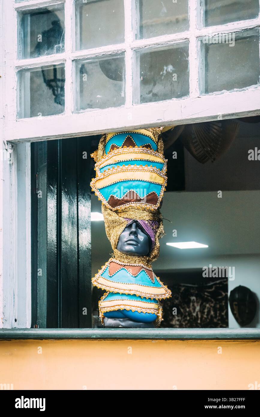 Traditional Afro-Brazilian Masks displayed in the window of a Salvador ...