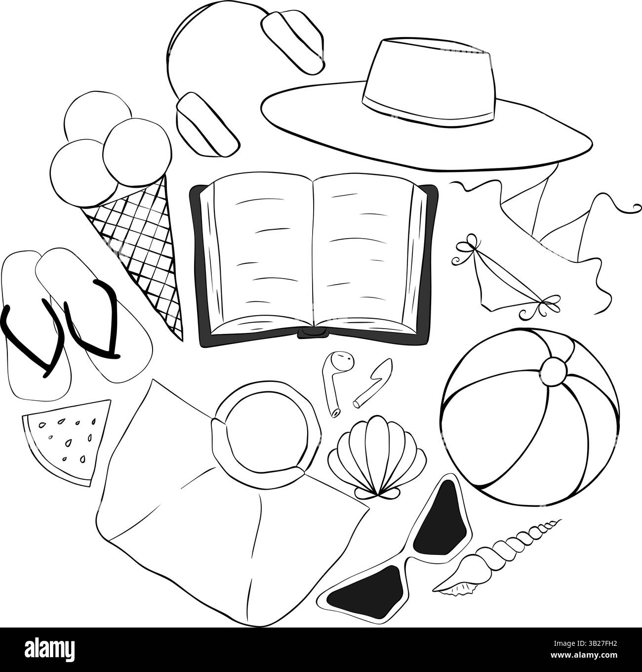 Beach essentials round circle composition for logo. Vector graphic line ...