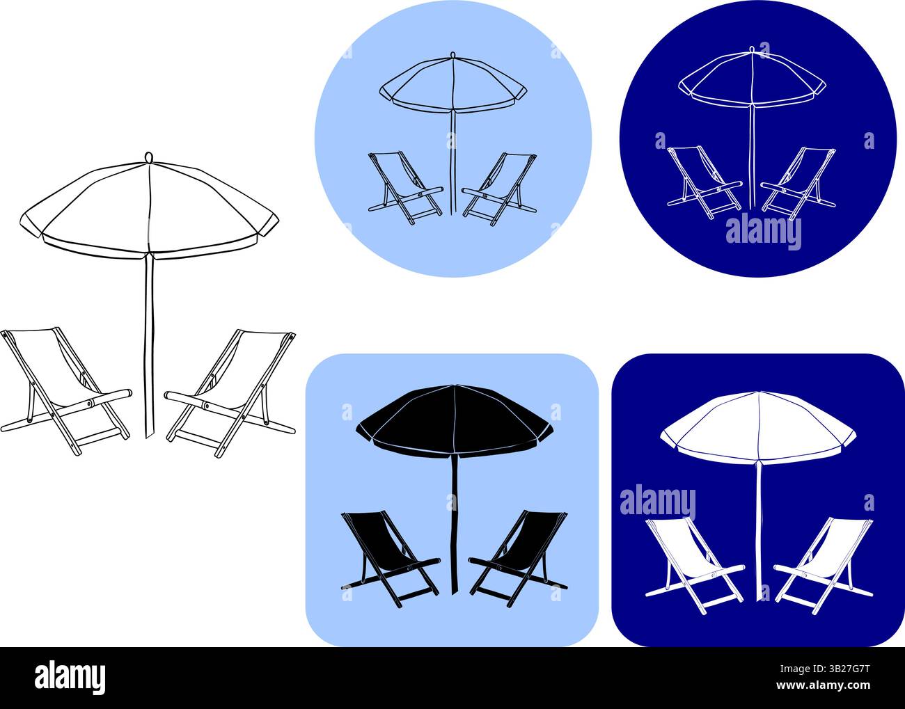 Beach chairs and umbrella logo. Vector graphic line ink composition ...