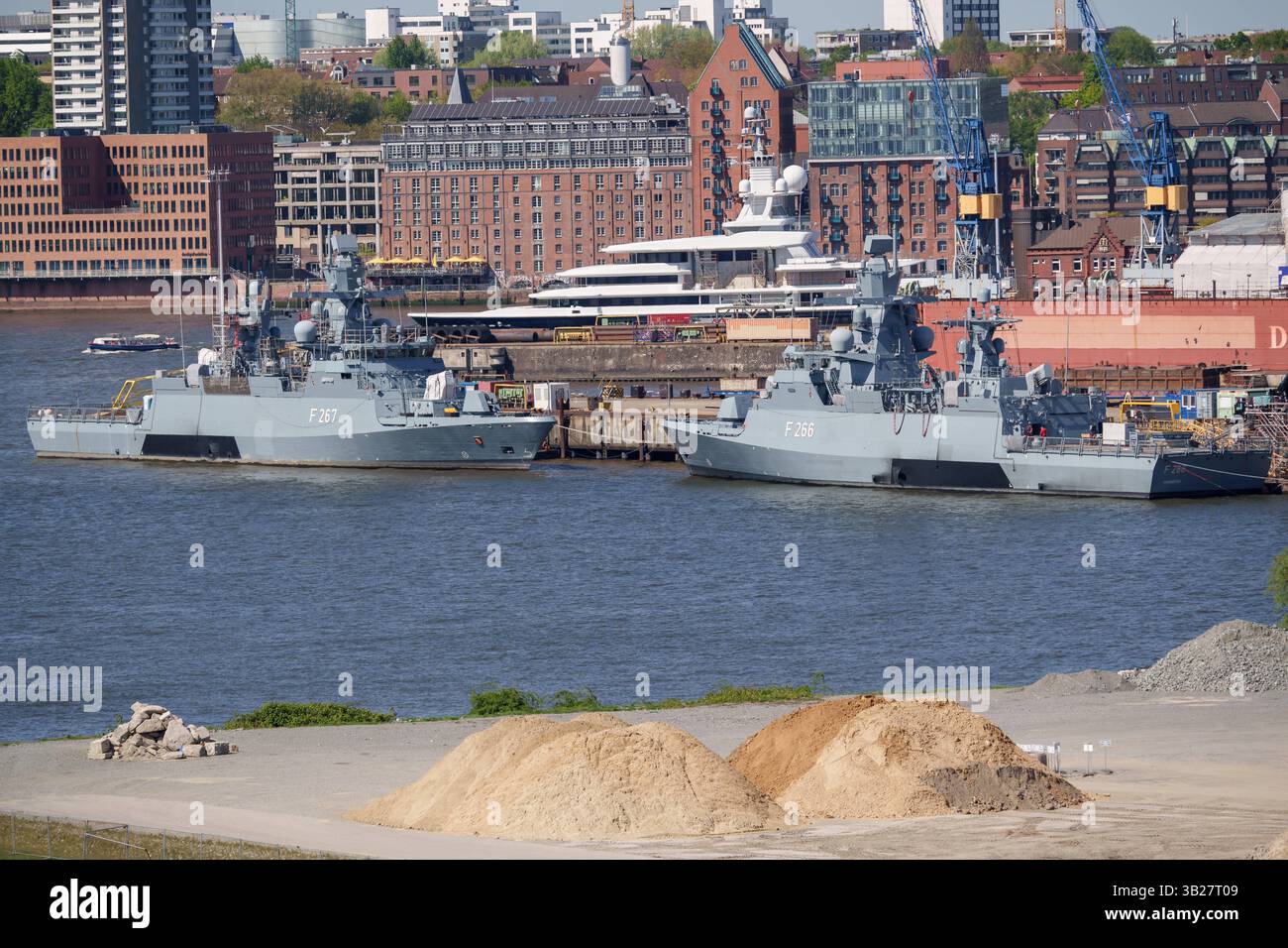 Hamburg, Germany - April 27, 2025: Two German frigates F266 and F267 ...