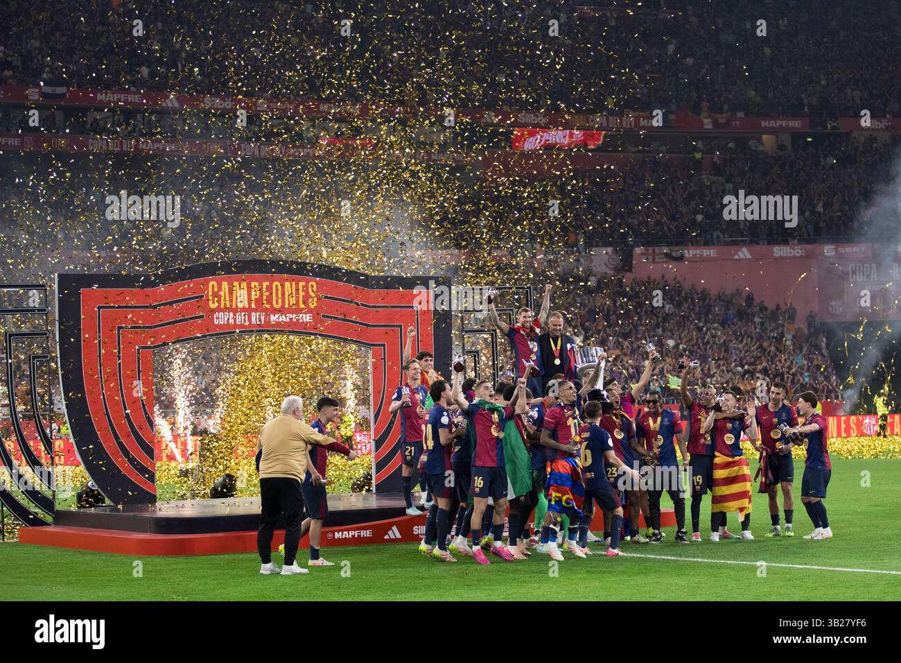 SEVILLA, SPAIN - April 27: Barcelona players lift the Copa del Rey Cup ...