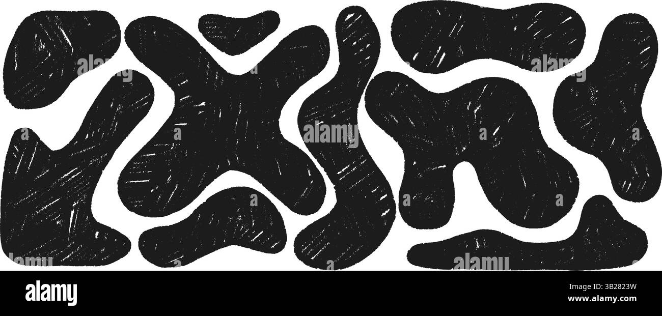 Set of black organic liquid shapes and fluid forms drawn by a crayon ...