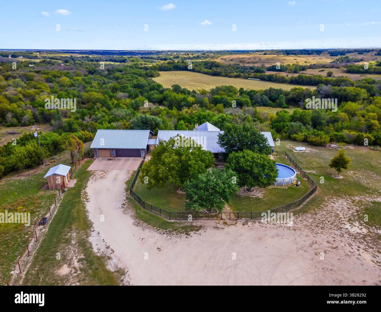 Aerial view of a secluded countryside farmhouse nestled among lush ...