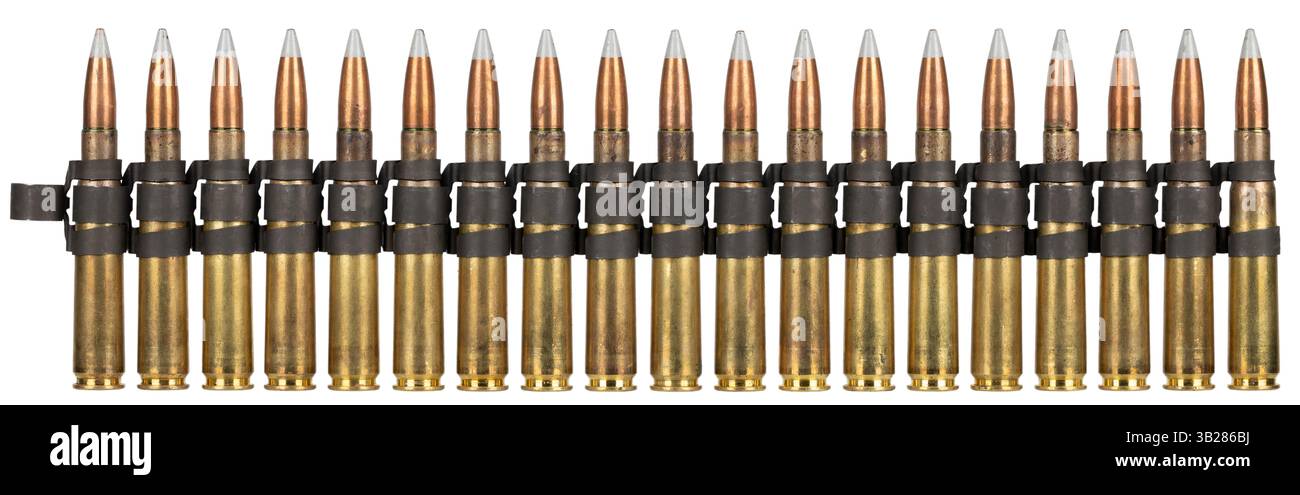 .50 BMG caliber ammunition belt with cartridges isolated on white Stock ...