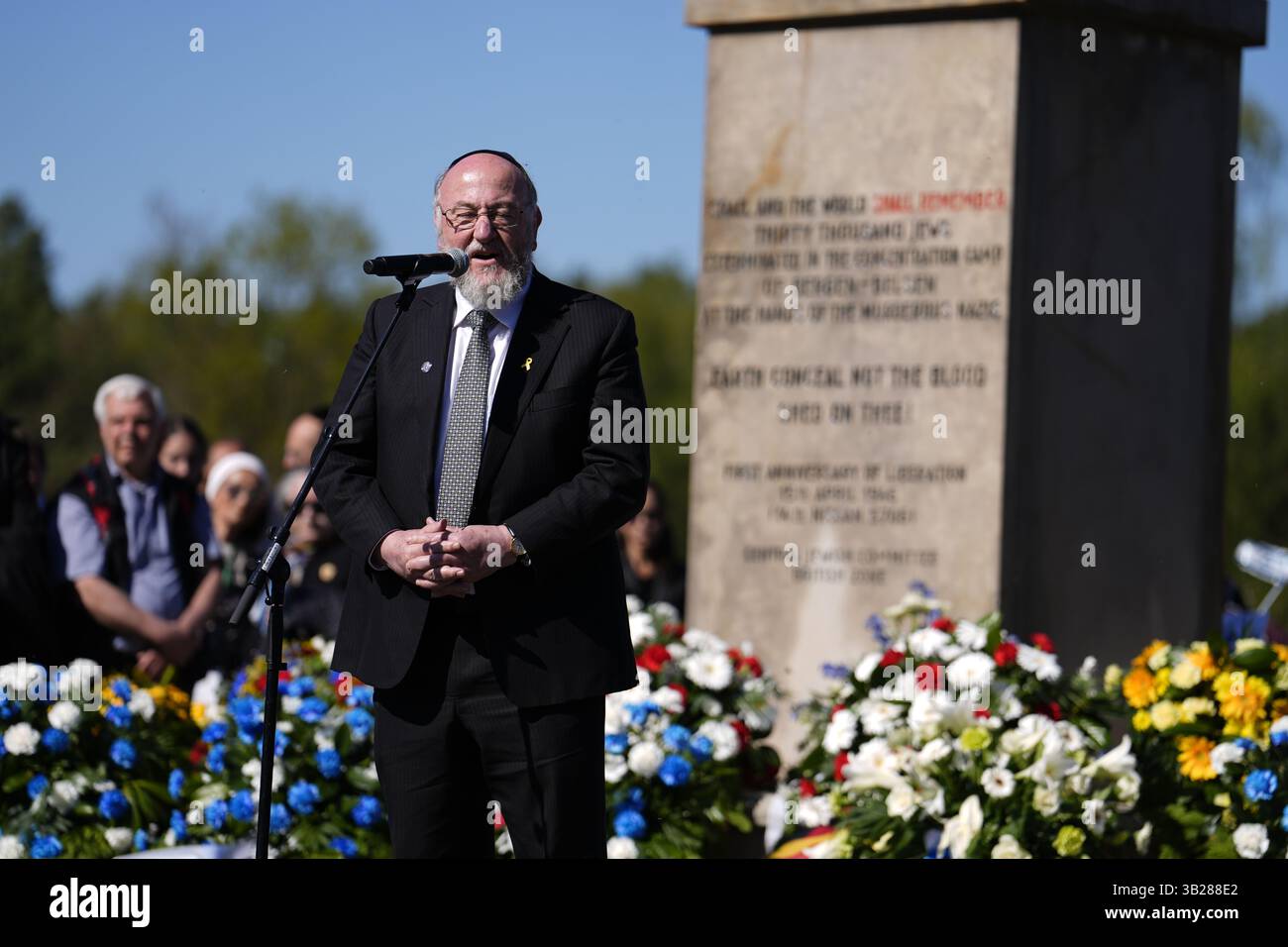 UK Chief Rabbi Sir Ephraim Mirvis speaking during a service at Bergen ...