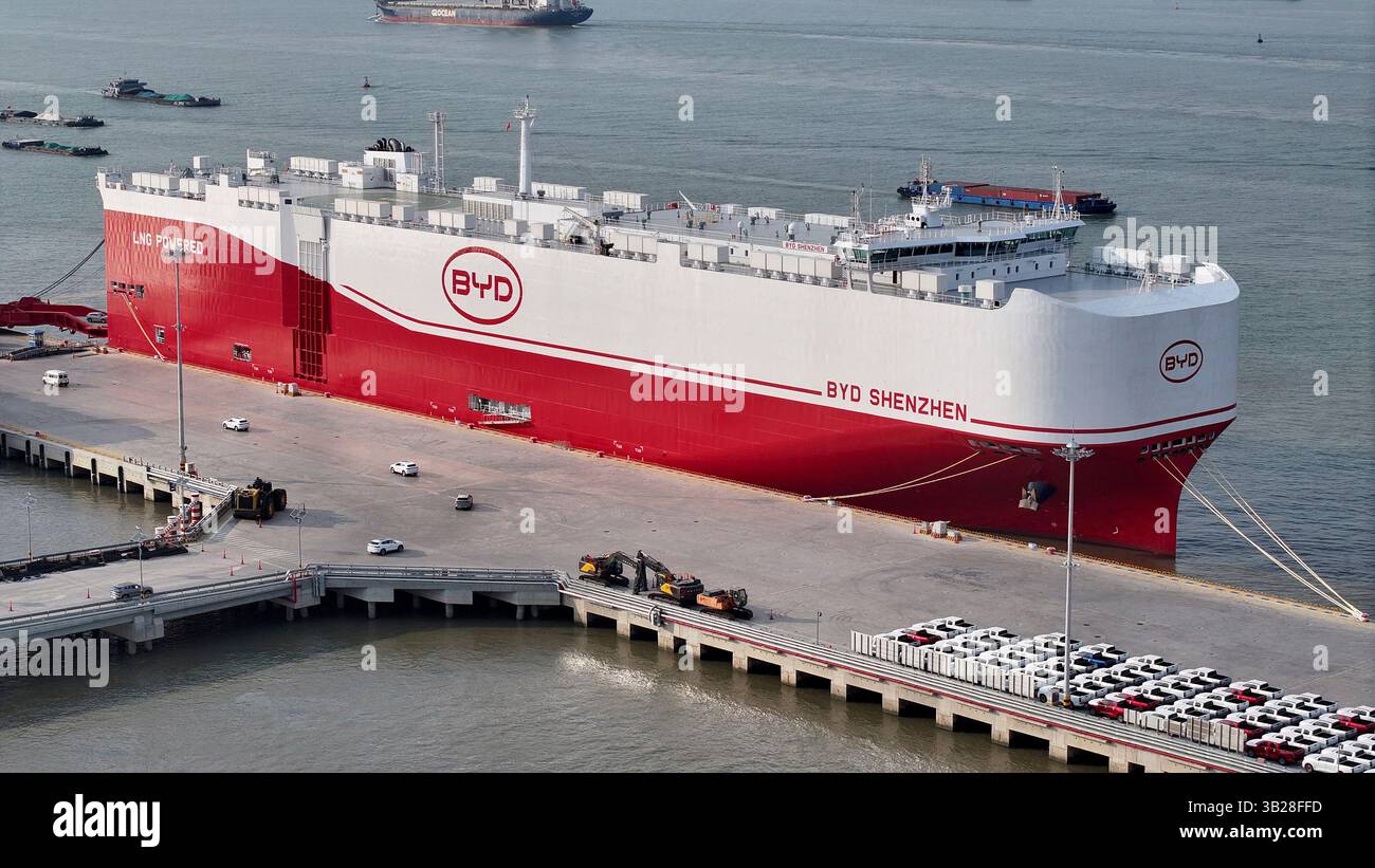 The brand new BYD Shenzhen ro-ro ship, with 9,200 standard car parking ...