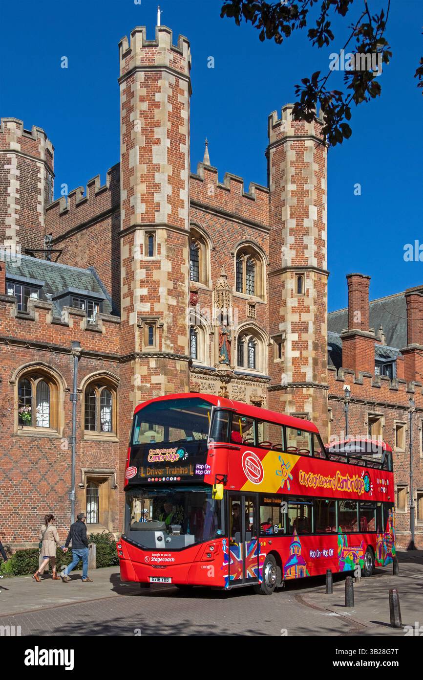 The Great Gate, St. John's College, double-decker bus, Cambridge ...