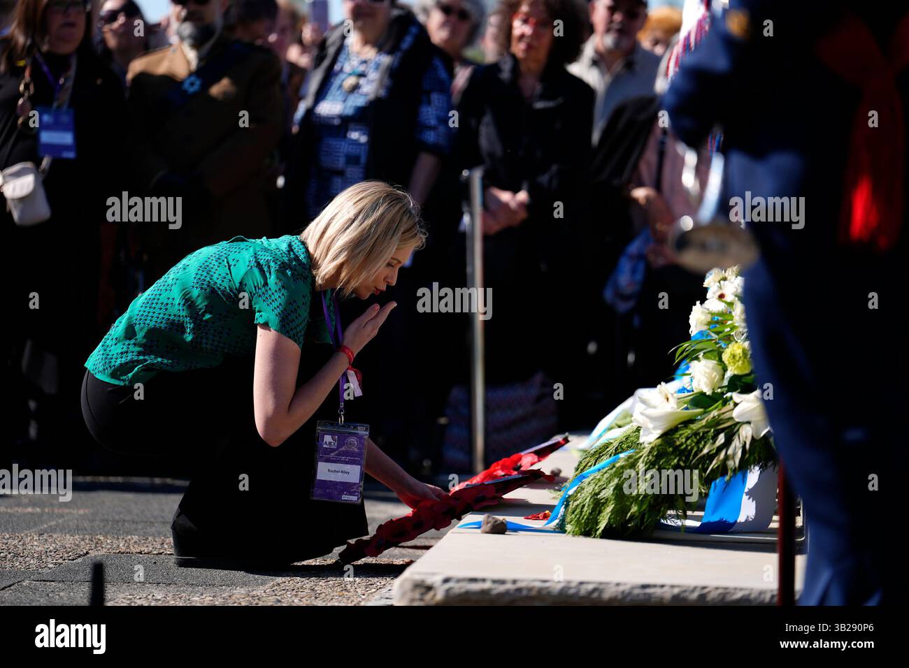 Rachel Riley lays a wreath during a service at Bergen-Belsen, to mark ...