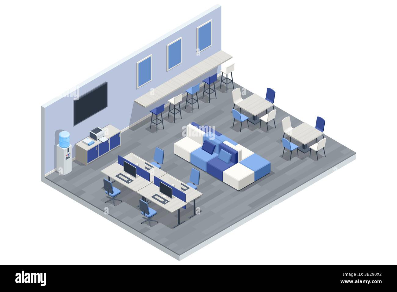 Modern coworking office interior with workstations, meeting tables, and lounge area. Isometric ...