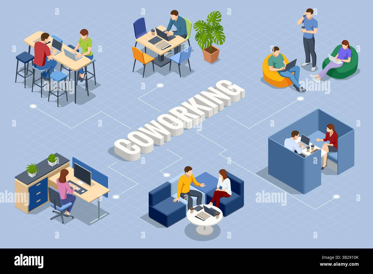 Coworking network concept with various teams working in modern office spaces. Isometric vector ...