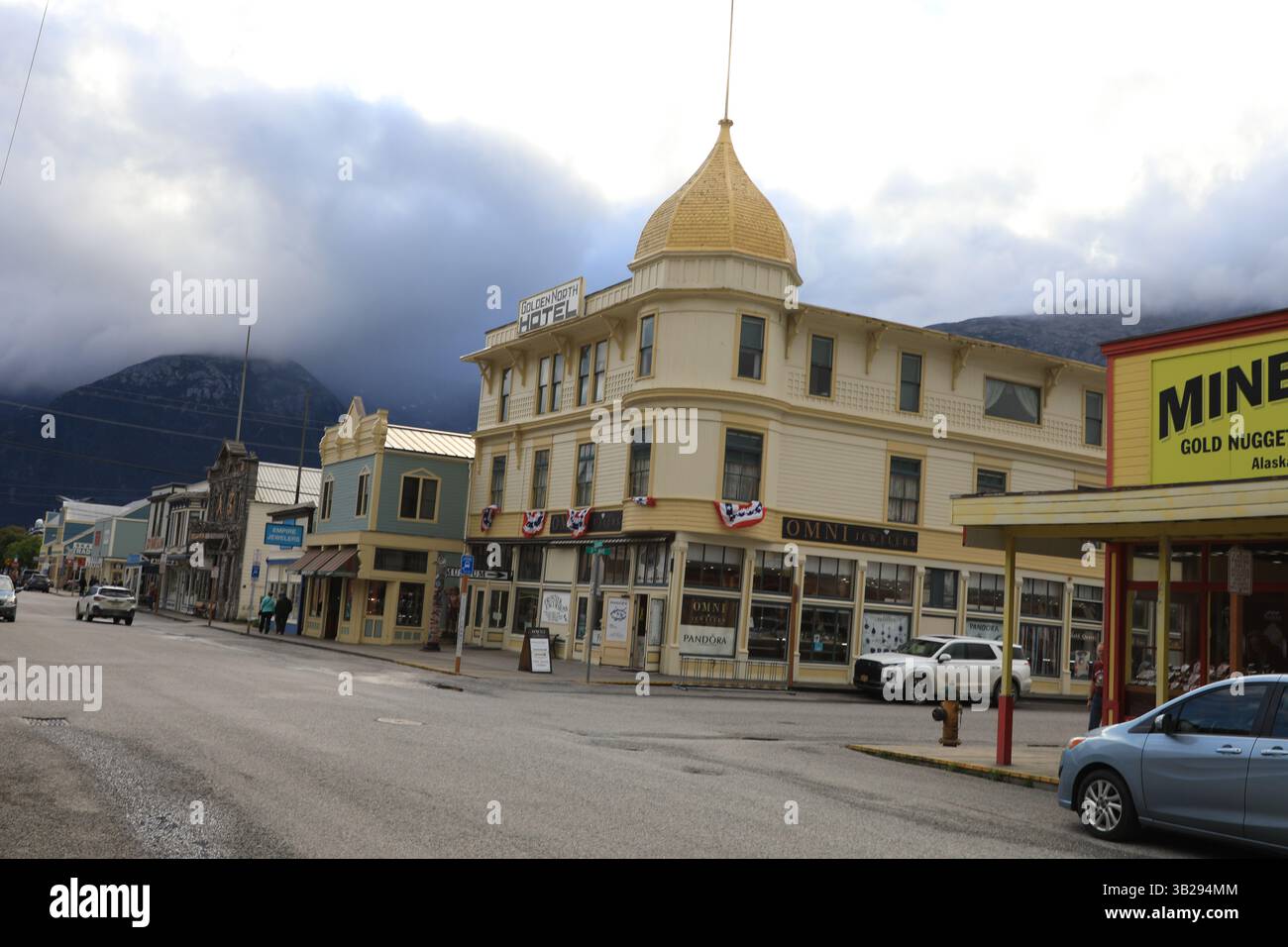 Klondike Gold Rush town. Broadway Street historic buildings originally ...