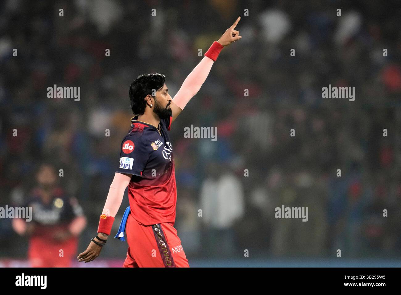 Royal Challengers Bengaluru's Krunal Pandya celebrates the dismissal of ...