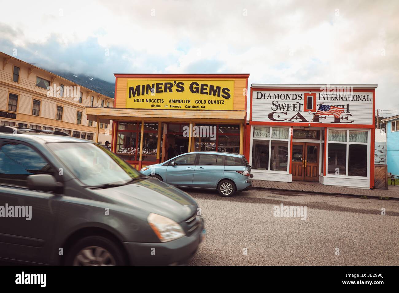 Klondike Gold Rush town. Broadway Street historic buildings originally ...