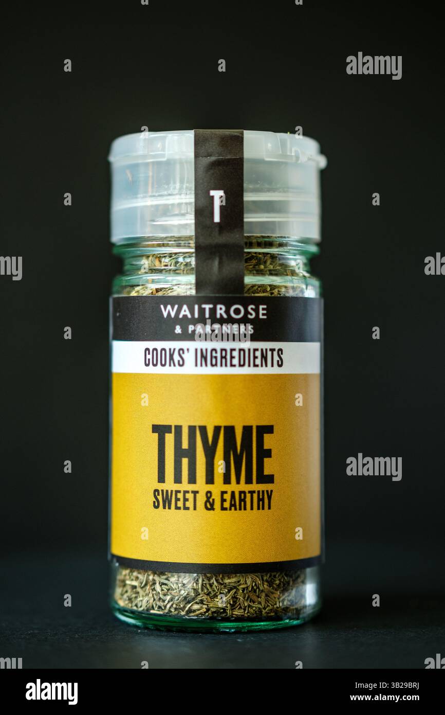 London UK, April 27 2025, Jar of Waitrose Dried Cooking Thyme Herbs ...