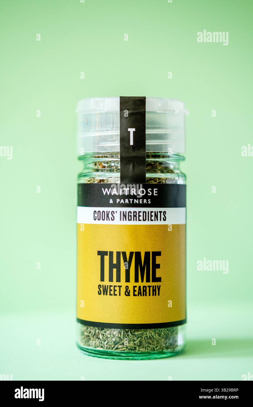 London UK, April 27 2025, Jar of Waitrose Dried Cooking Thyme Herbs ...