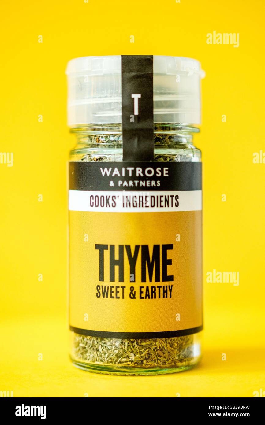 London UK, April 27 2025, Jar of Waitrose Dried Cooking Thyme Herbs ...