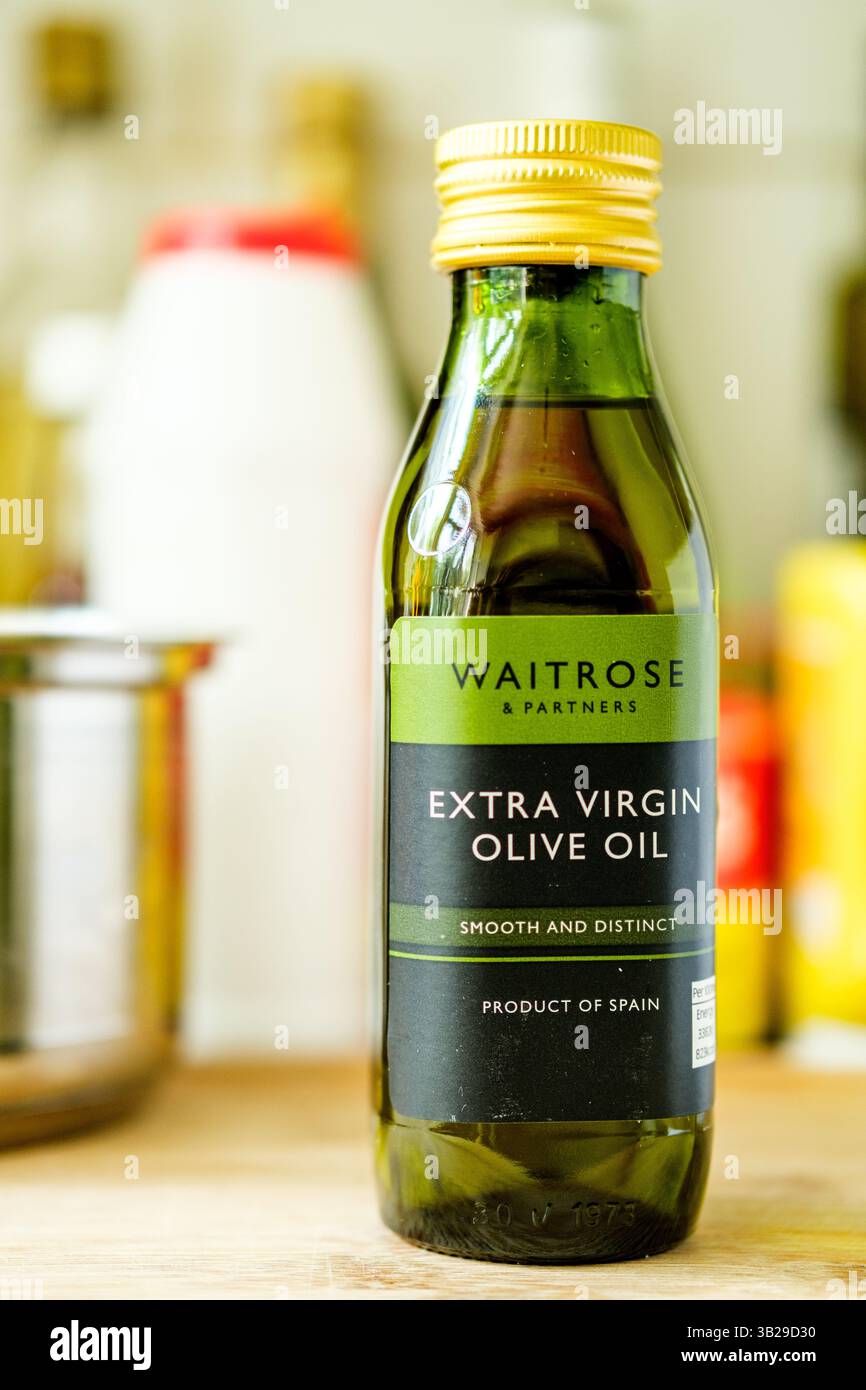 London UK, April 27 2025, Bottle of Waitrose Extra Virgin Olive Oil ...