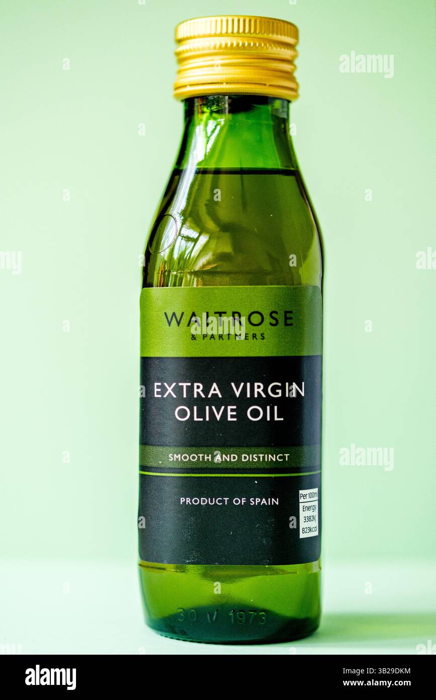 London UK, April 27 2025, Bottle of Waitrose Extra Virgin Olive Oil ...