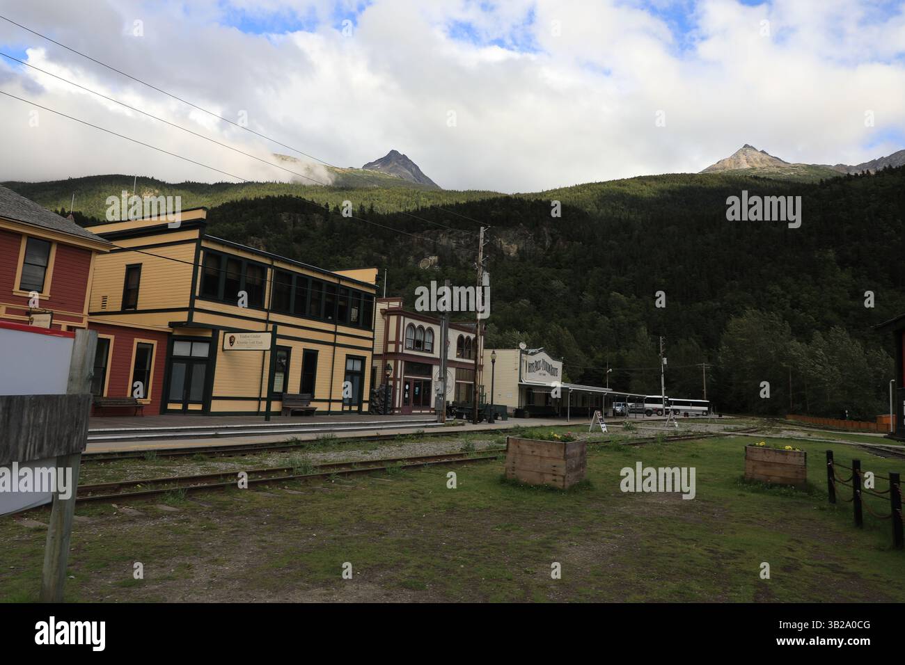 Klondike Gold Rush town. Broadway Street historic buildings originally ...