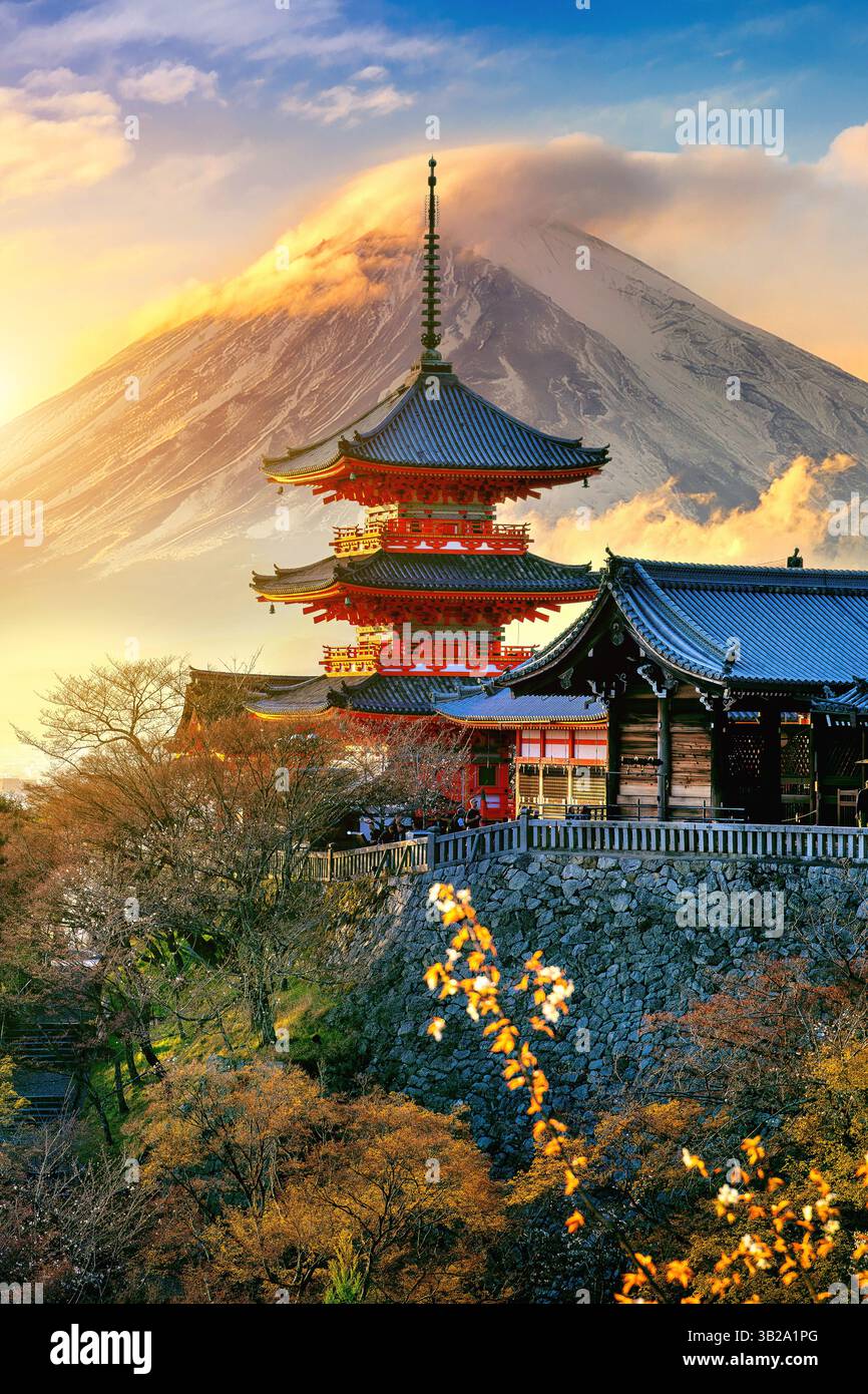 Fuji mountain and japanese temple at sunset in Japan. Travel concept ...