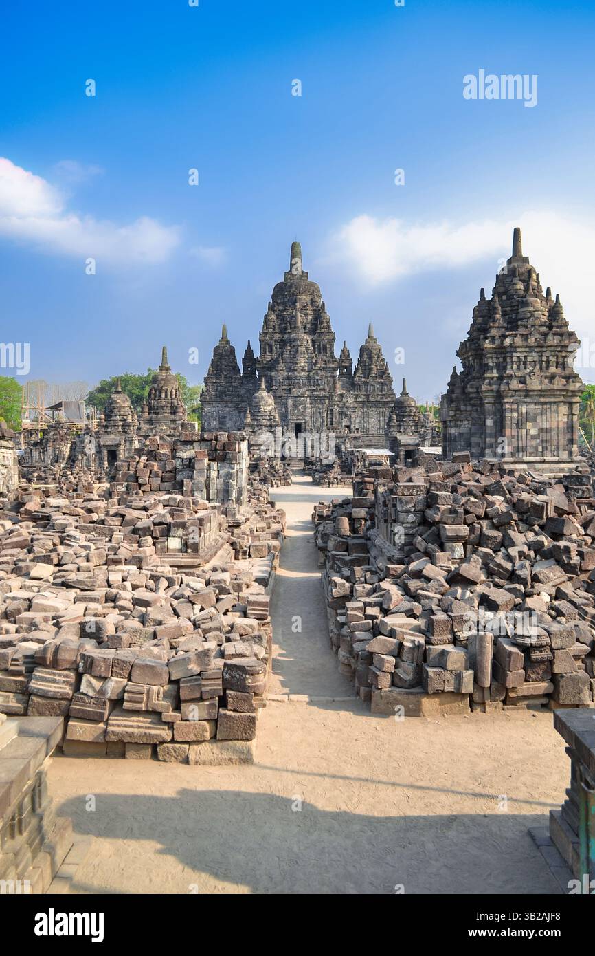 The ancient Candi Sewu unfolds under endless blue sky, a huge number of ...