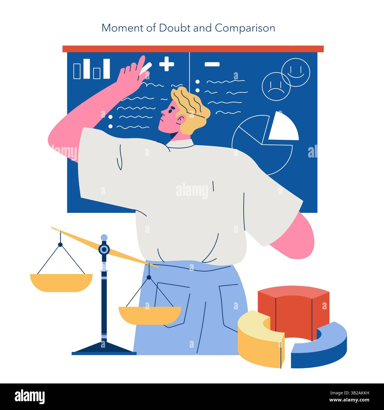 Moment of Doubt and Comparison illustration. A person analyzes data on ...