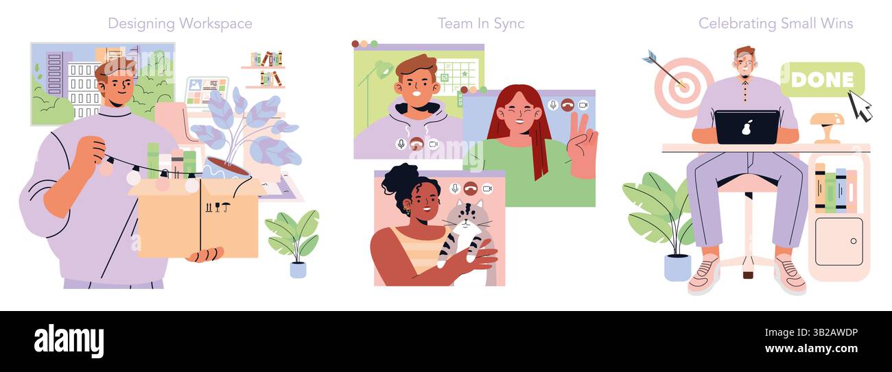 Tomorrow Work set. Modern workplace trends feature setting up inviting ...