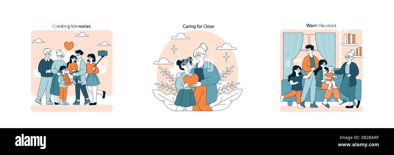 Family Bonds set. Illustration of generational connections featuring family gatherings, care ...