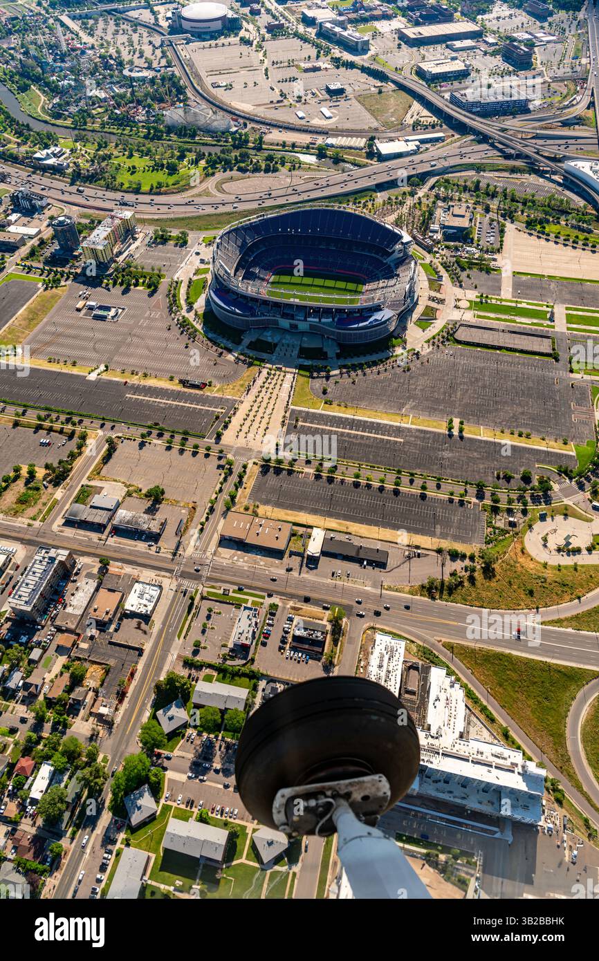 Aerial view of Denver football stadium with airplane wheel Stock Photo ...