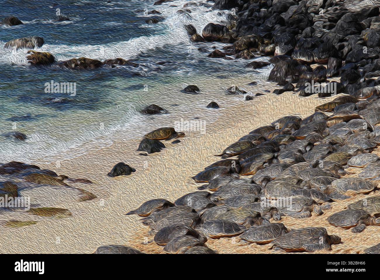 Abstract, stylized, textured image of over 65 Green Sea Turtles basking ...