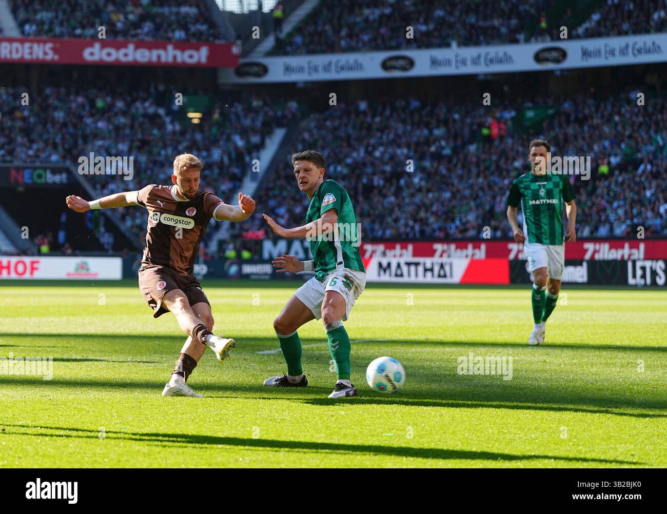 April 27 2025: Carlo Boukhalfa of FC St. Pauli shoots on goal during a ...