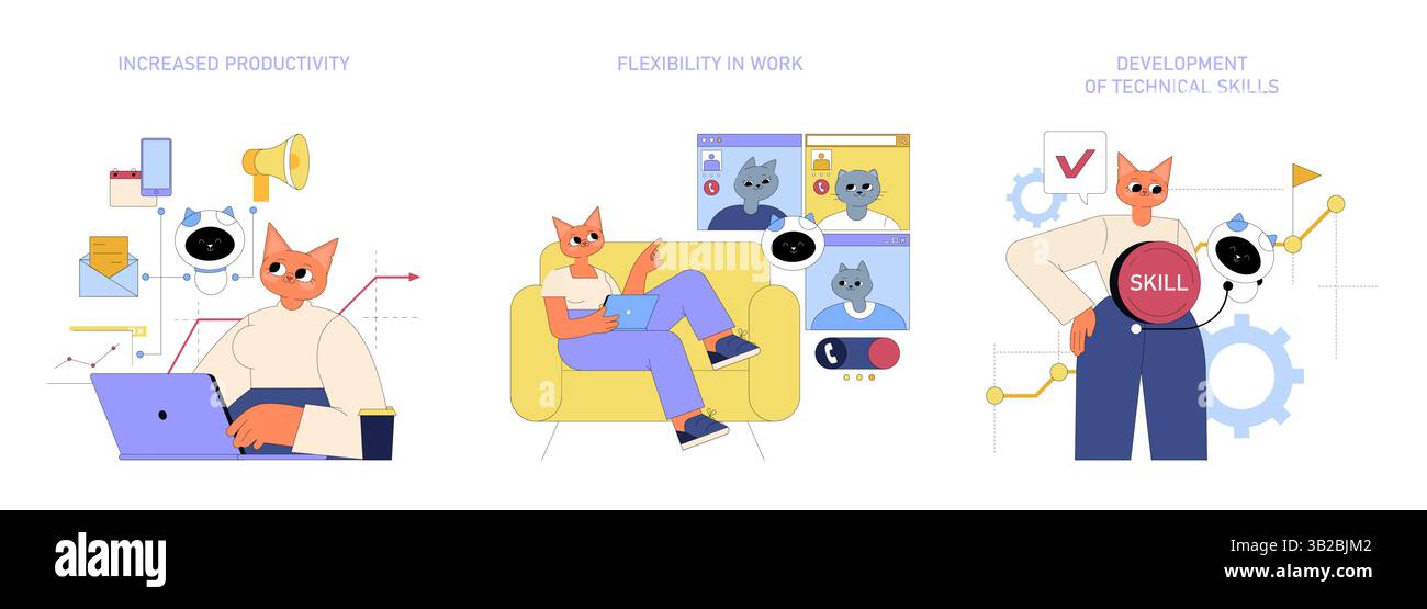 AI Impact on Business set. Anthromorphic characters demonstrating AI ...