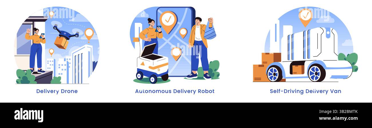 Future Of Delivery set. Modern delivery methods using drones ...