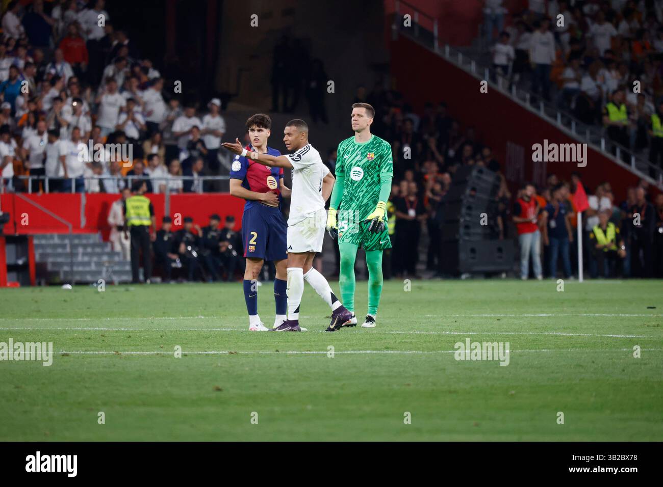 SEVILLE, SPAIN - APRIL 26, 2025: Kylian Mbappe and Pau Cubarsi during ...
