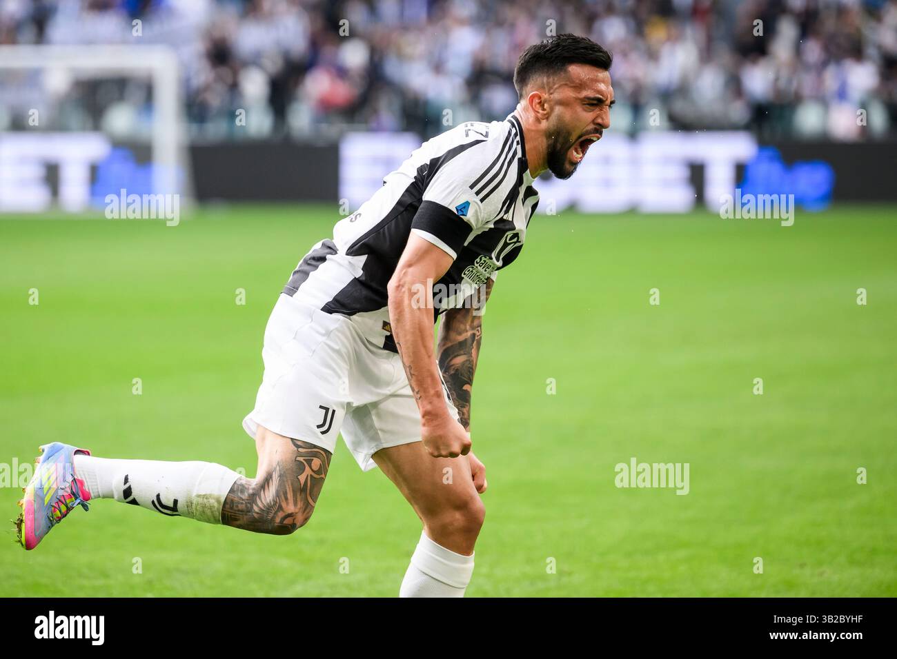 Turin, Italy. 27 April 2025. Nicolas Gonzalez of Juventus FC celebrates ...
