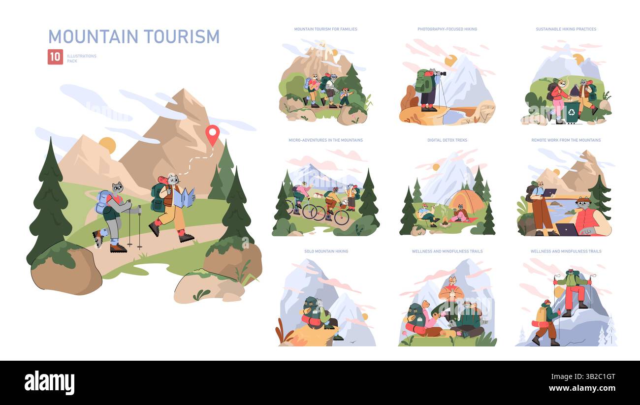 Mountain tourism set. Discover family hikes, solo journeys, digital ...