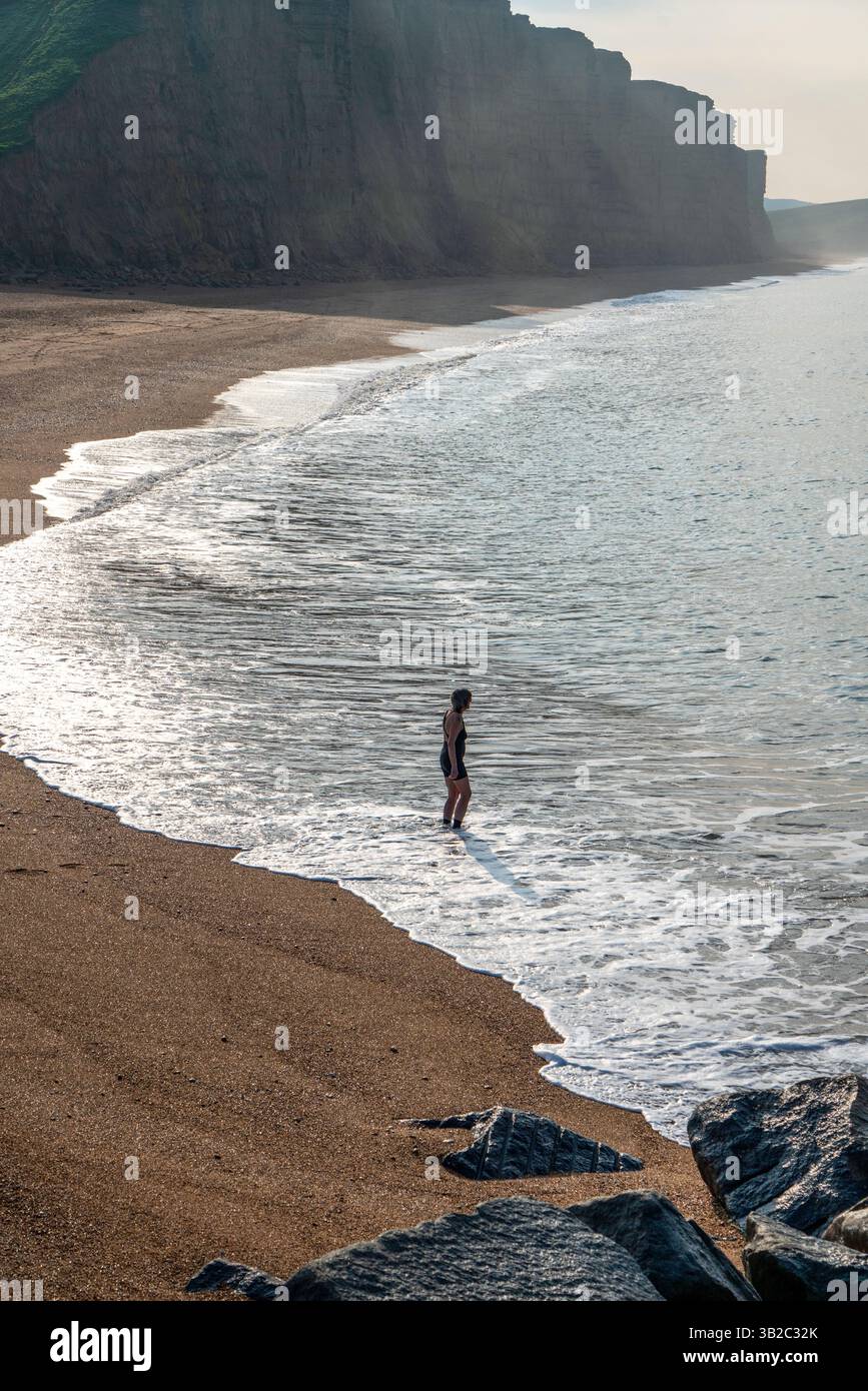 Single person standing at the waters edge on a beach Stock Photo - Alamy