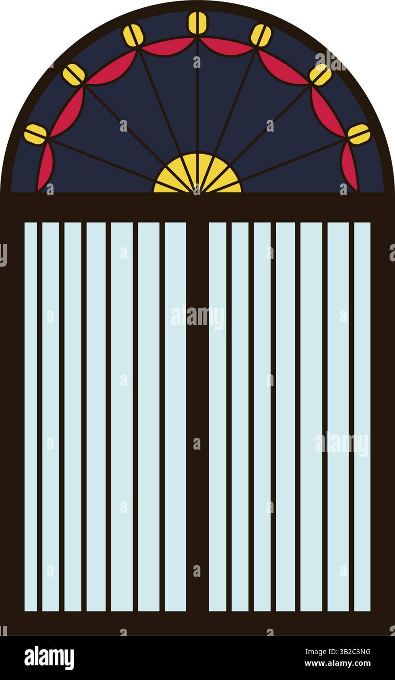 Stained glass arch window frame vintage. Vector silhouette of fence ...