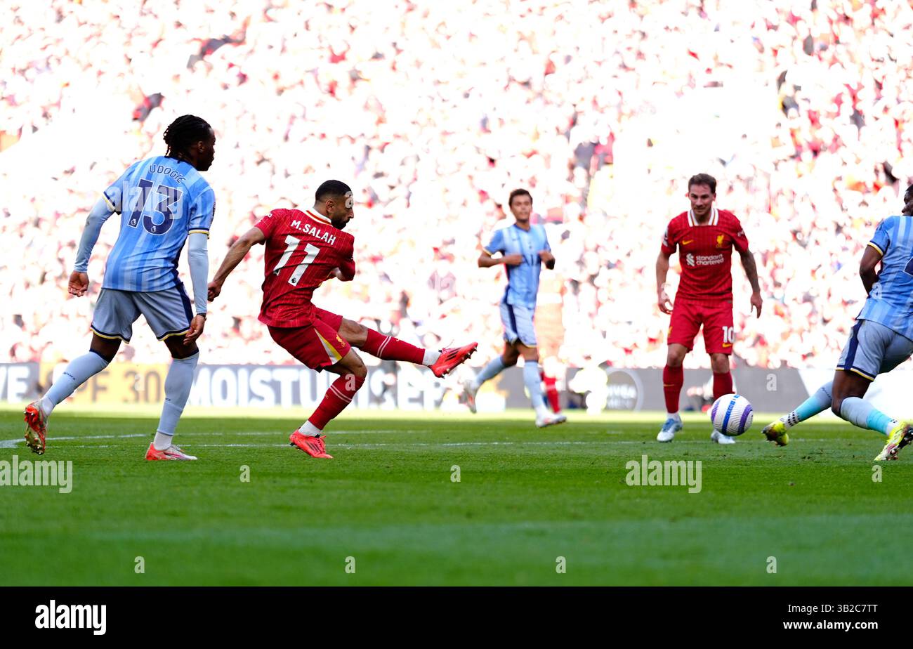 Liverpool's Mohamed Salah scores their side's fourth goal of the game ...