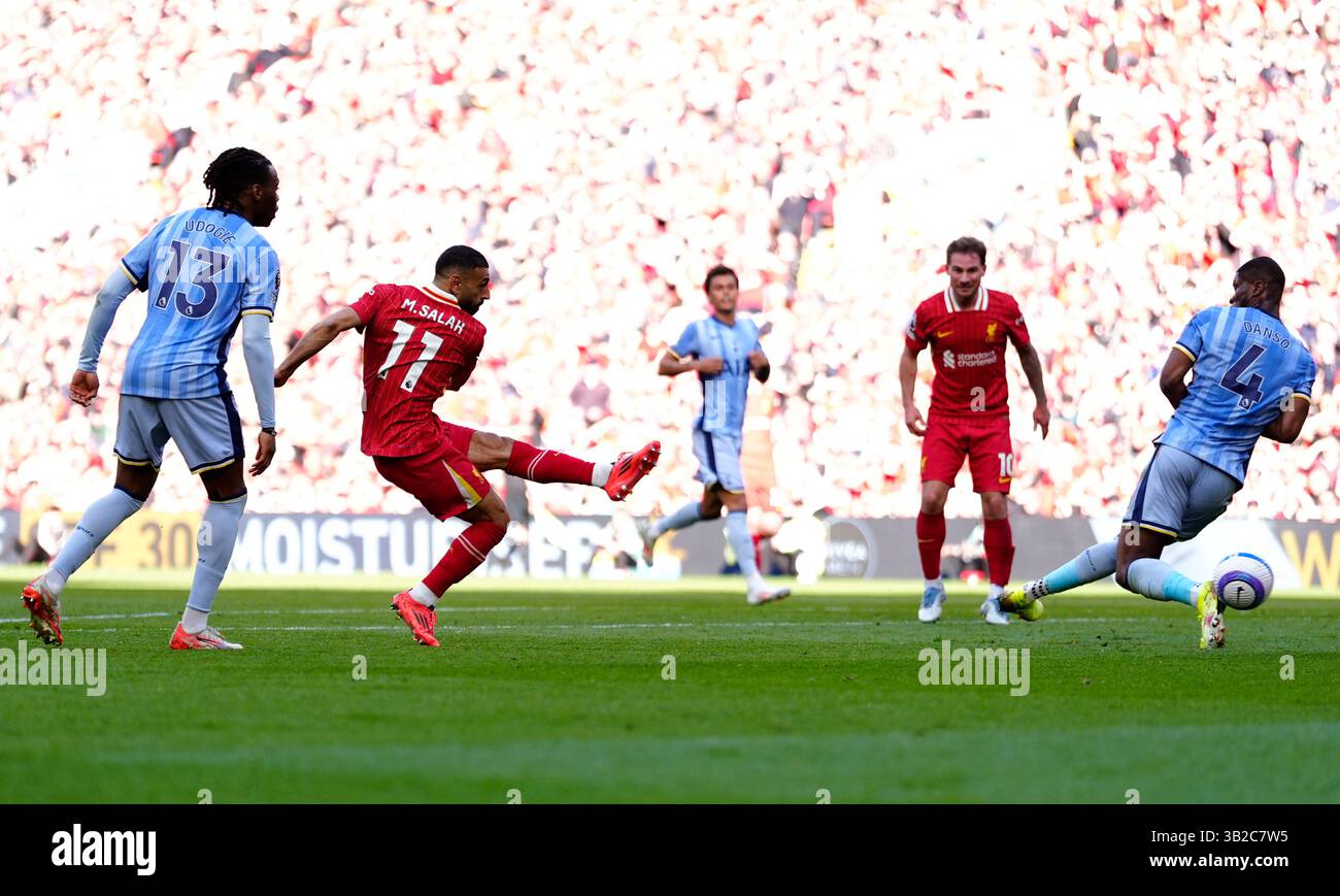 Liverpool's Mohamed Salah scores their side's fourth goal of the game ...