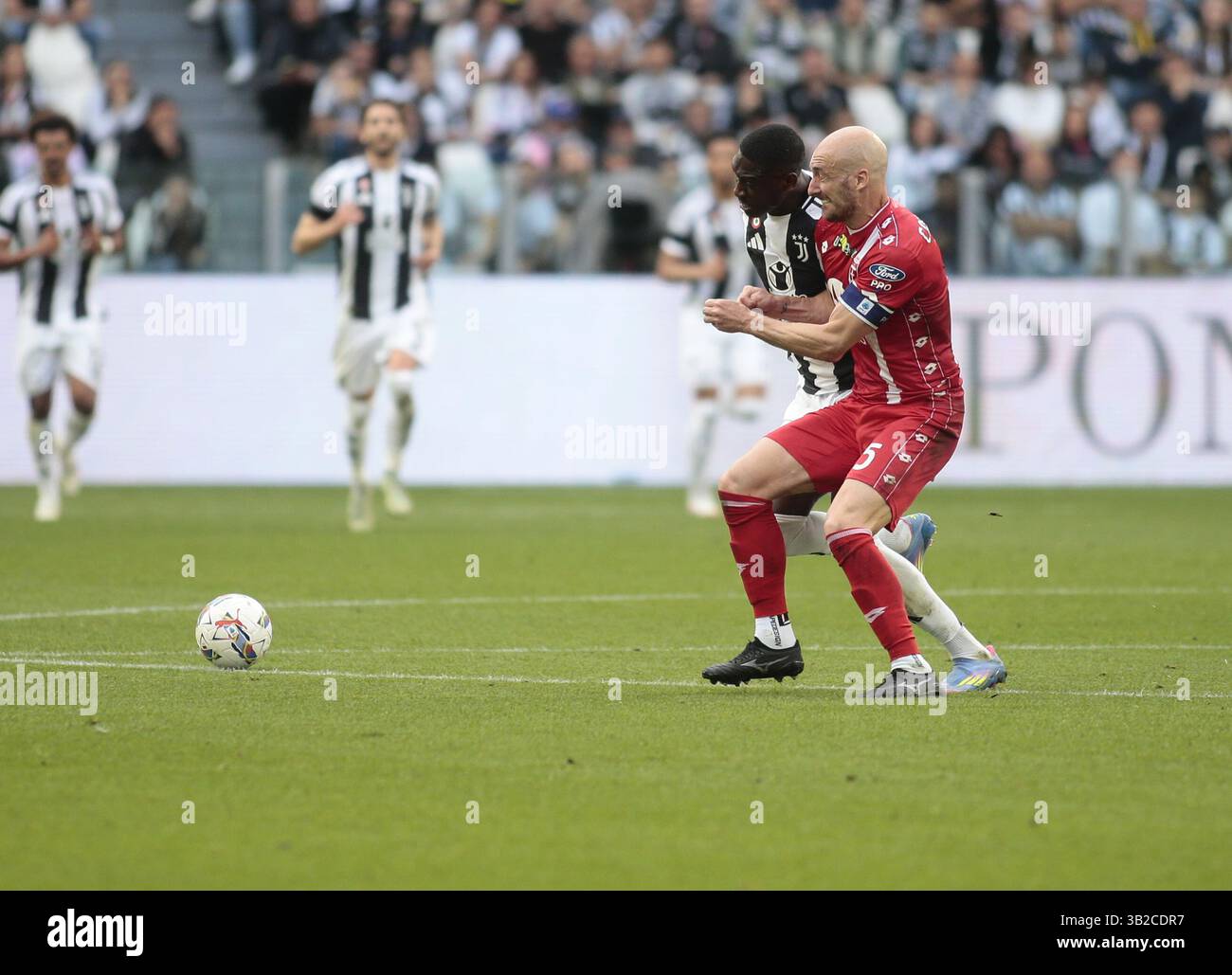 Turin, Italy. 27th Apr, 2025. Randal Kolo Muani of Juventus FC and Luca ...