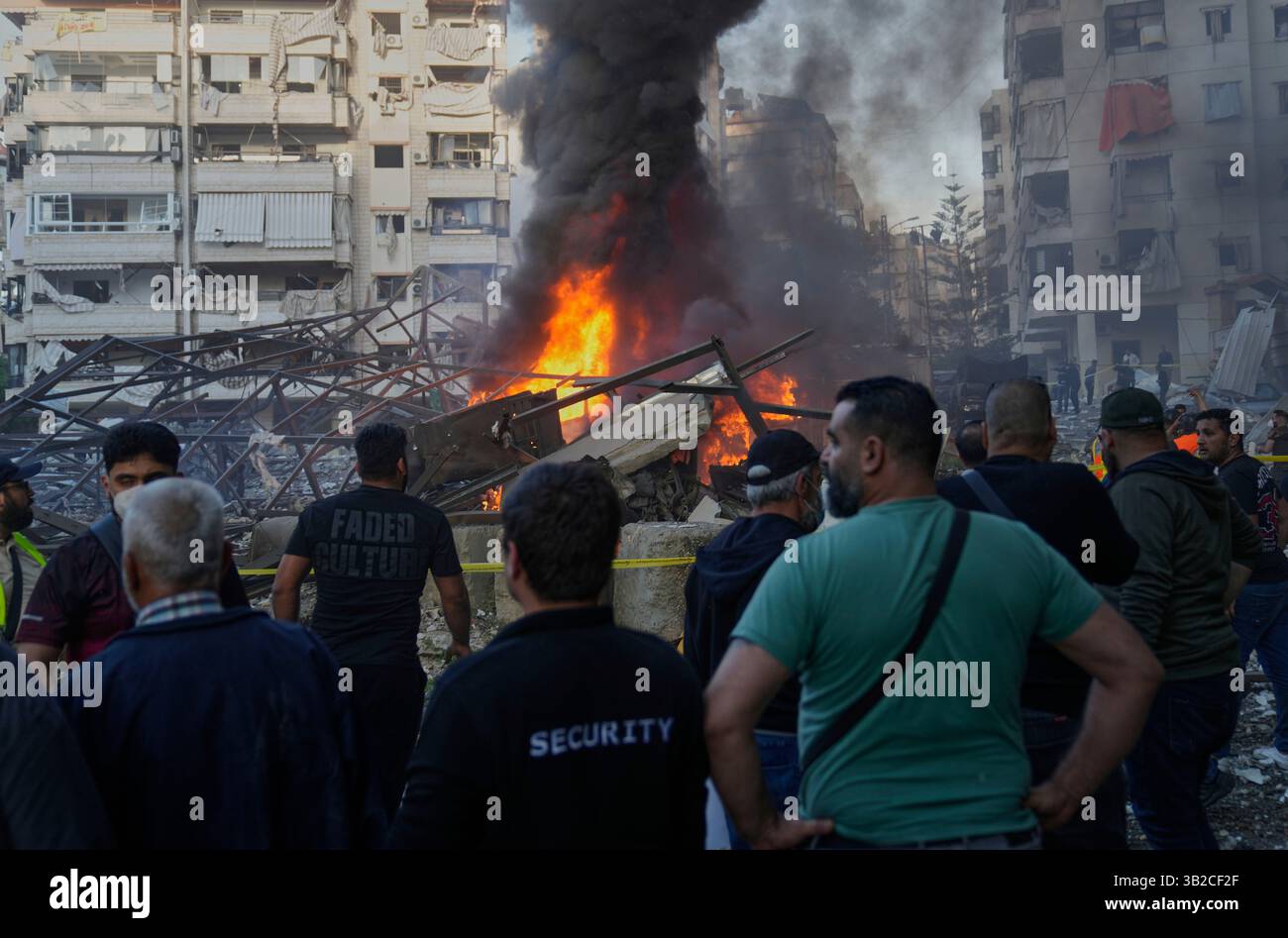 Flames rise after an Israeli airstrike in Dahiyeh, southern suburb of ...