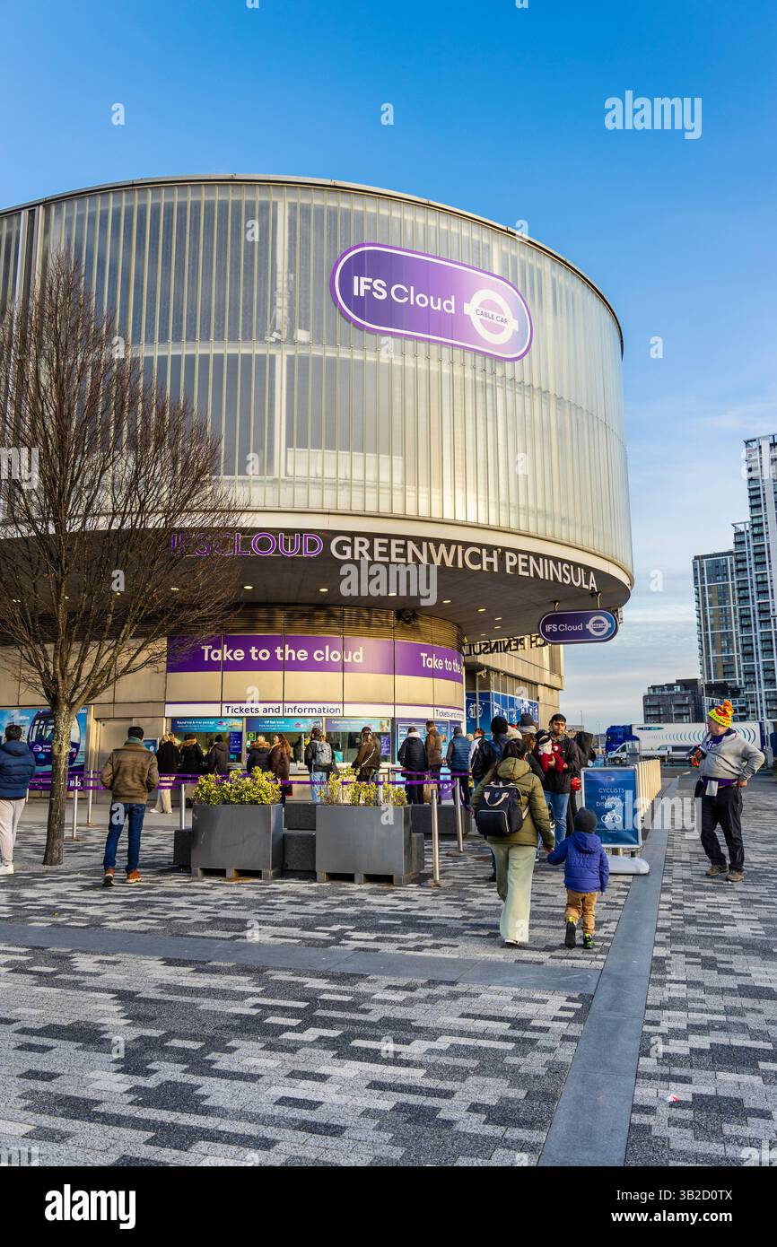 Entrance to the IFS Cloud Royal Docks cable car, North Greenwich ...