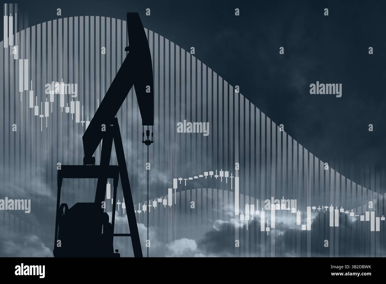 Oil rig on a background of a dramatic sky with down arrow. Symbol of ...